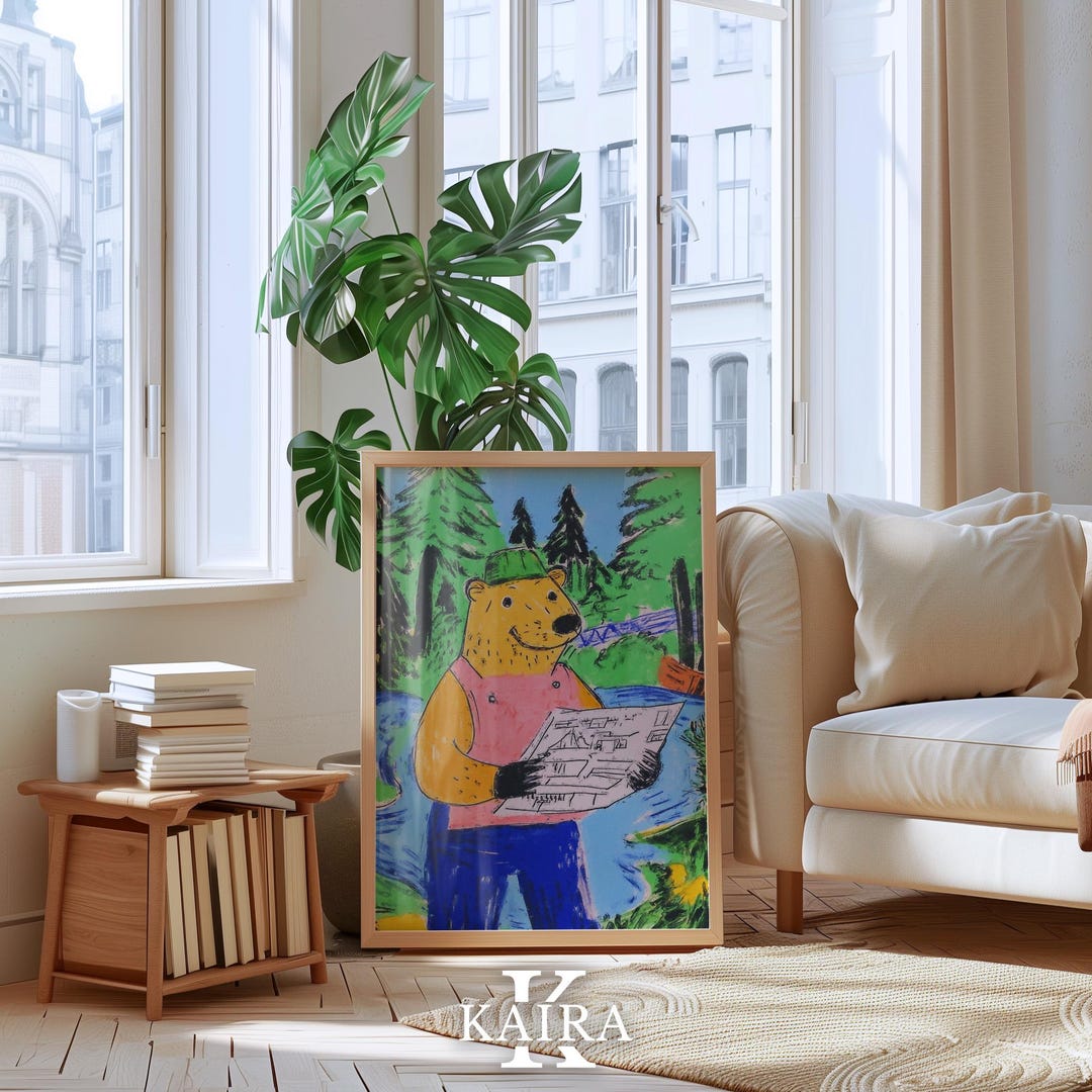 Bear Engineer Art Print, Woodland Bear With Blueprint, Forest Animal ...