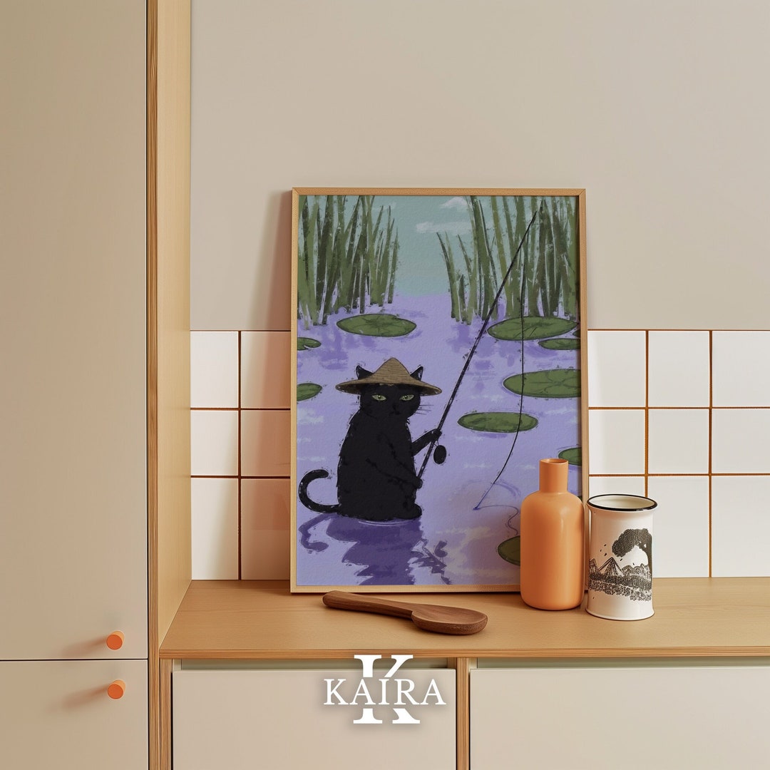 Fishing Cat Art Print - Adorable Cat With Fishing Rod in Lily Pond ...