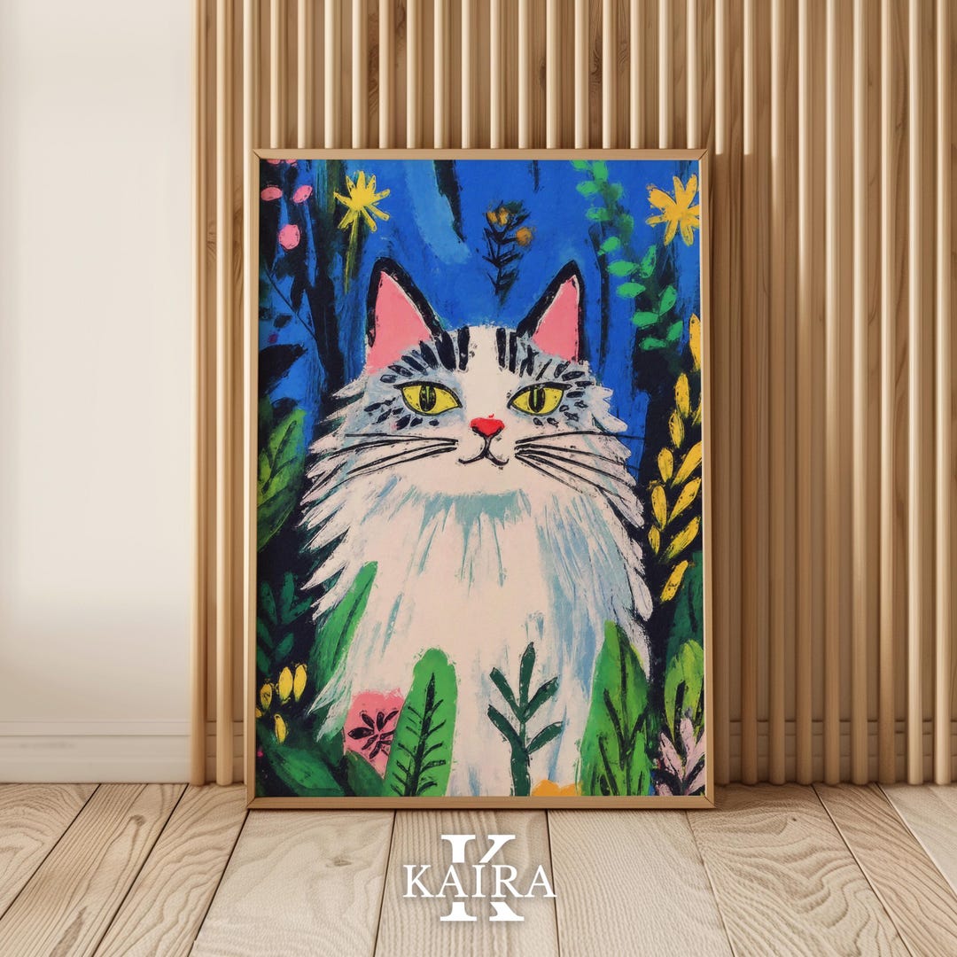 Fluffy White Cat Wall Art, Colorful Cat Illustration in Floral Garden ...