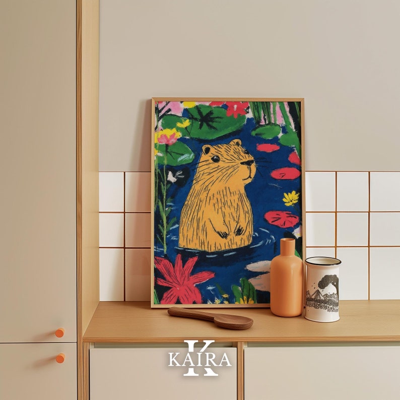 Whimsical Capybara Poster, Cute Animal Wall Art, Colorful Pond Scene ...
