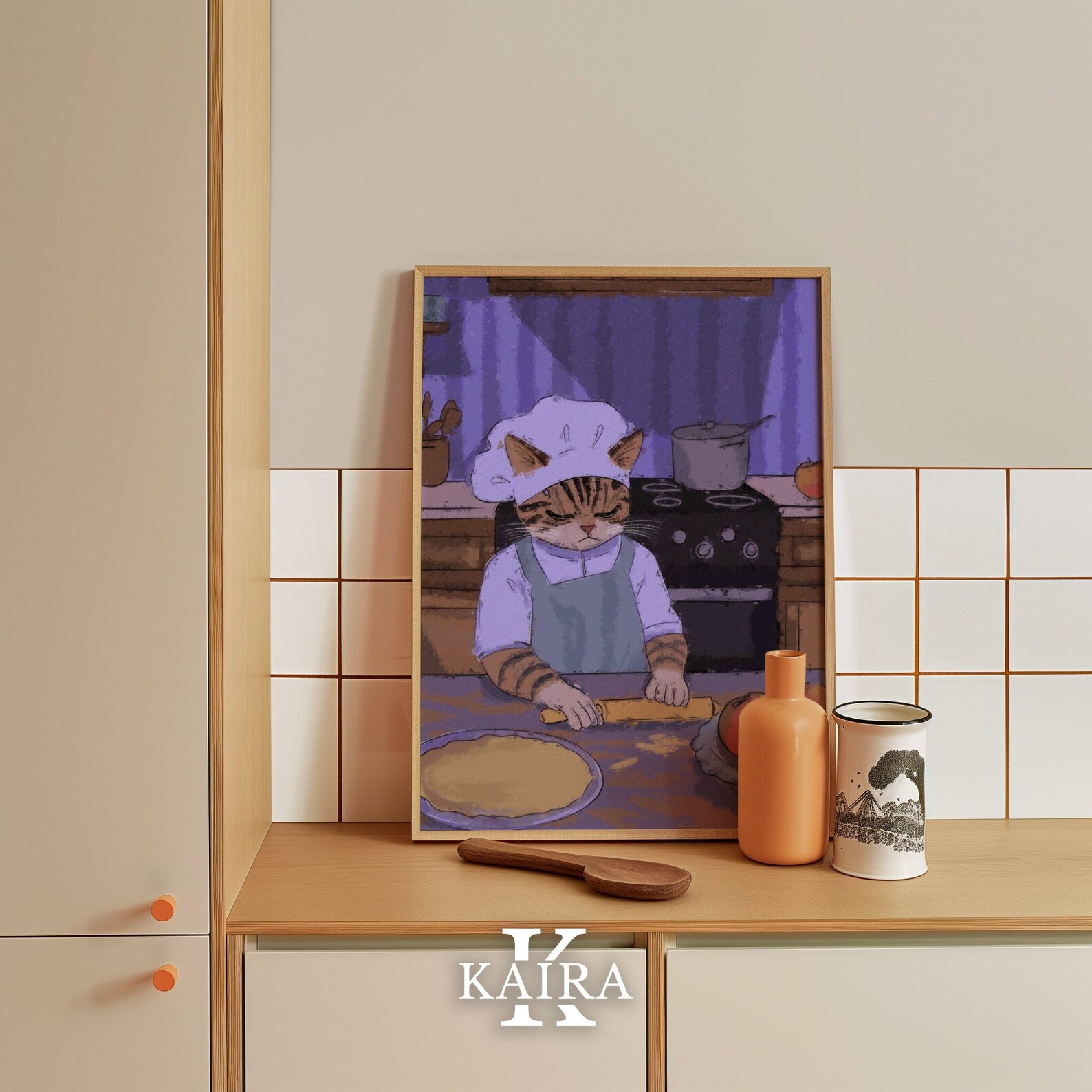 Chef Cat in the Kitchen Art Print Adorable Cooking Cat Illustration for ...