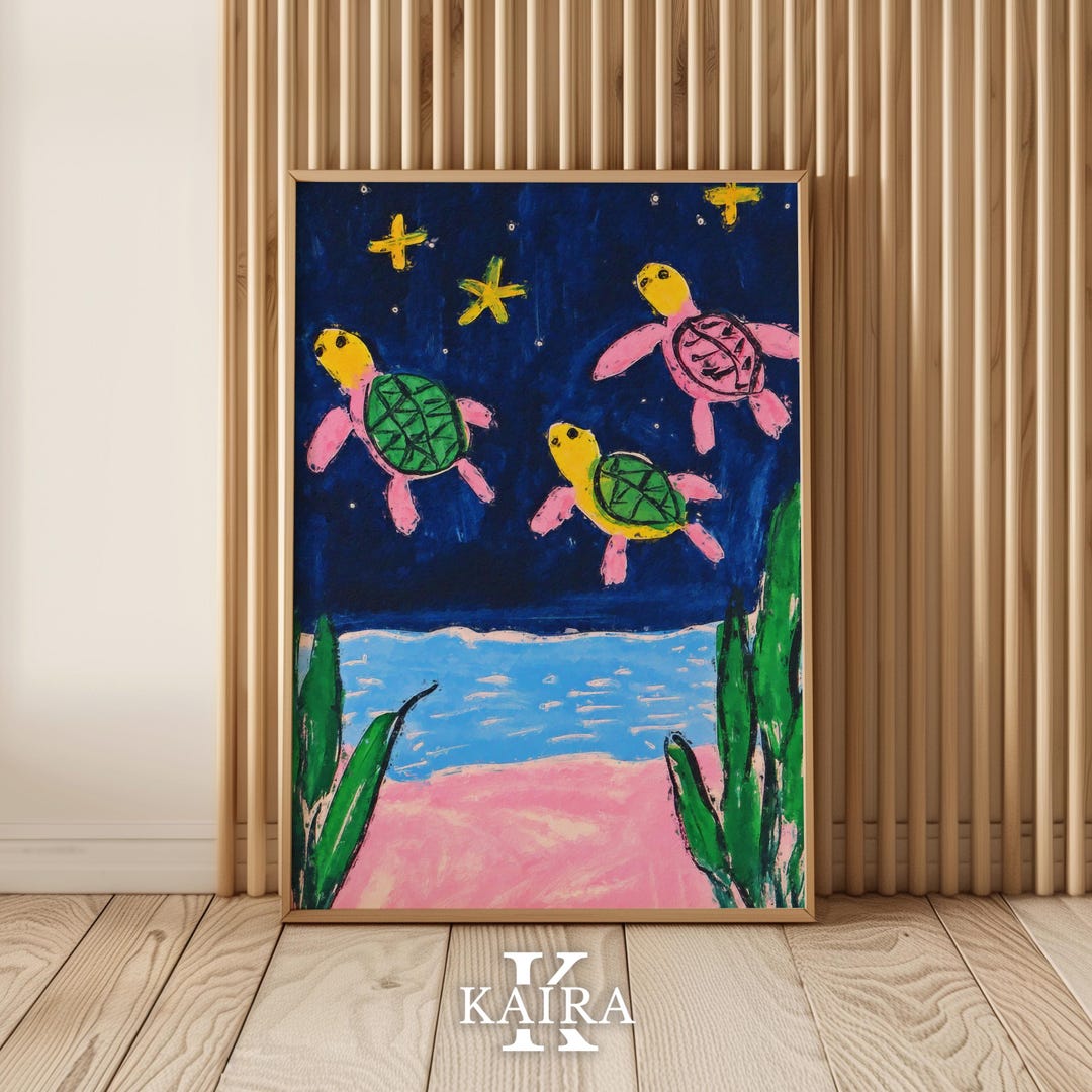 Whimsical Sea Turtle Poster, Night Beach Art Print, Vibrant Ocean Wall ...