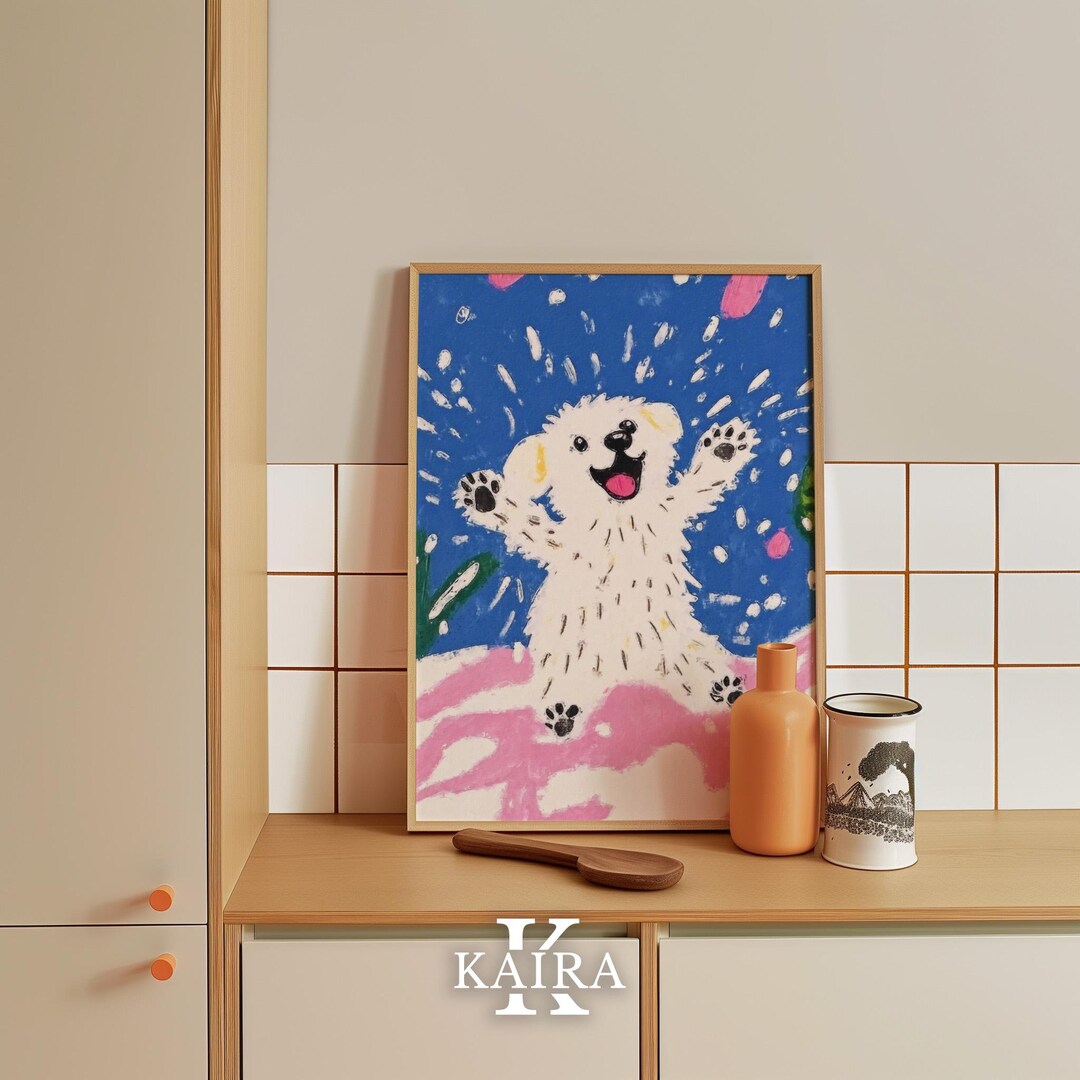 Happy Dog Poster, Whimsical Animal Wall Art, Playful Puppy Illustration ...