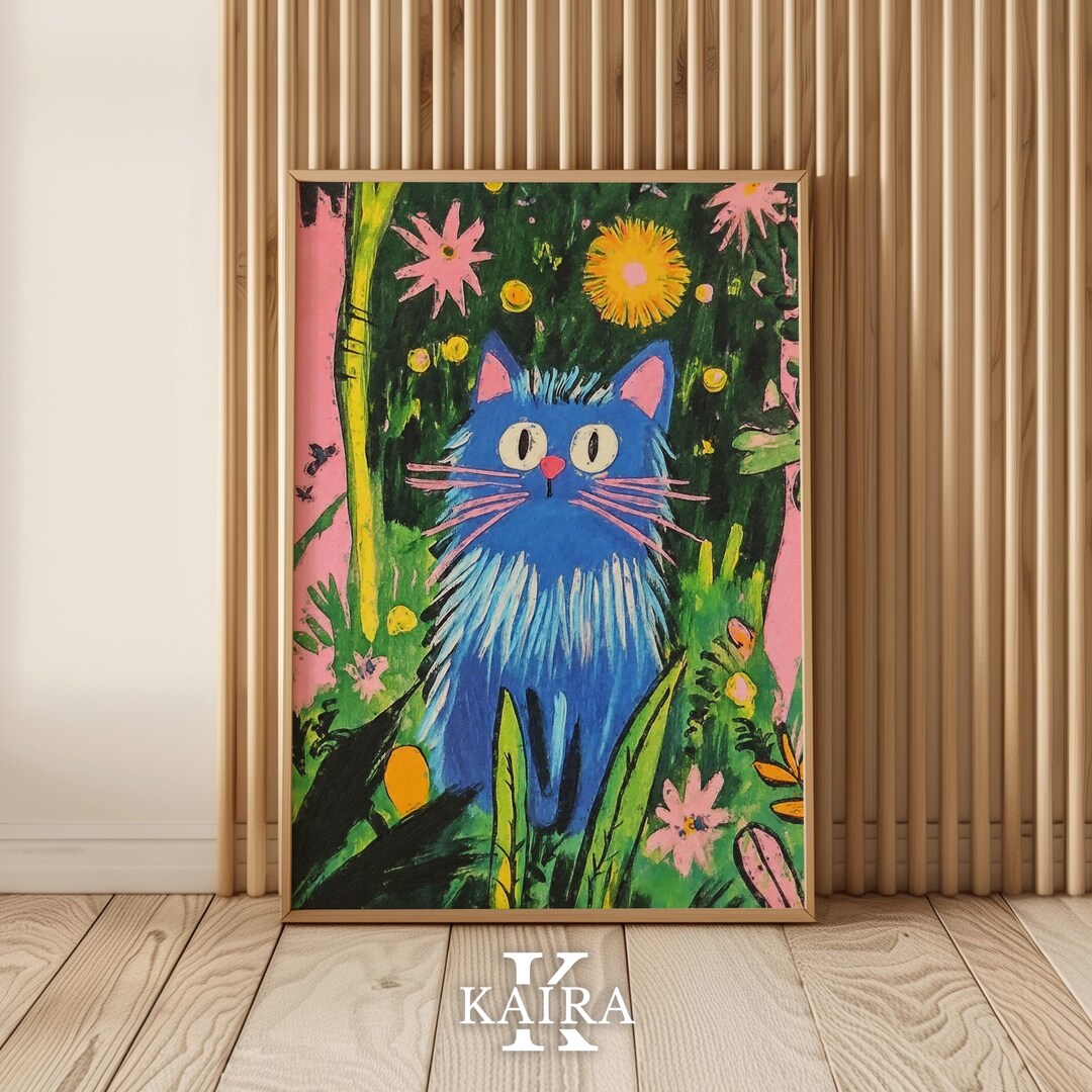 Whimsical Blue Cat Poster, Colorful Cat Art Print, Playful Animal Wall ...