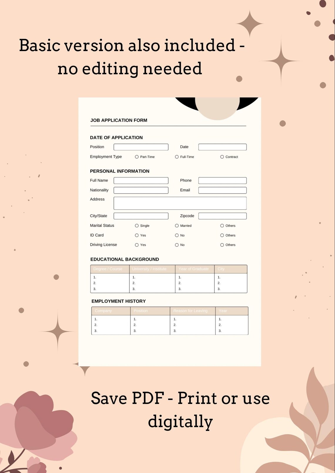 Digital Application Form, Printable Form, Job Application Form, Resume ...