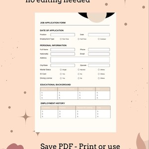 Digital Application Form, Printable Form, Job Application Form, Resume ...