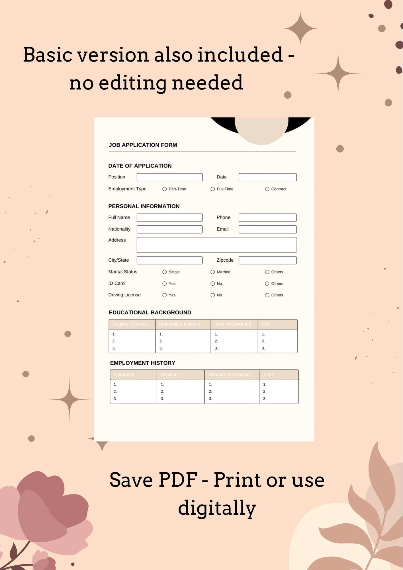 Digital Application Form, Printable Form, Job Application Form, Resume ...