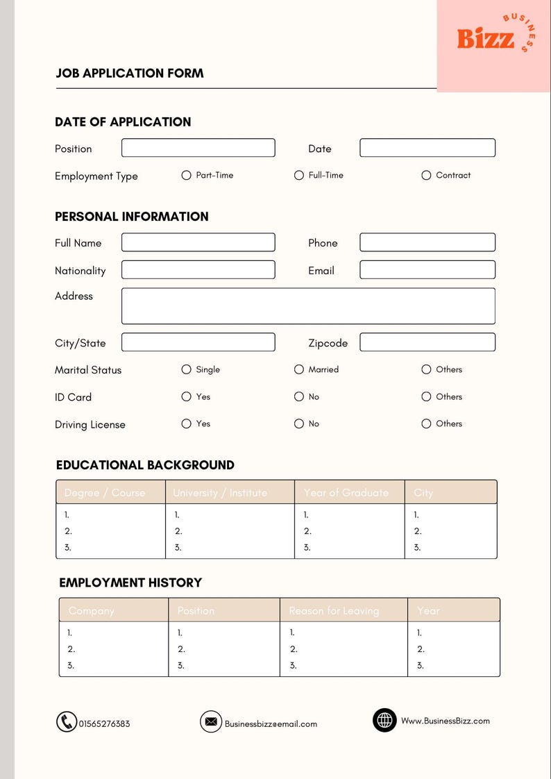 Digital Application Form, Printable Form, Job Application Form, Resume ...