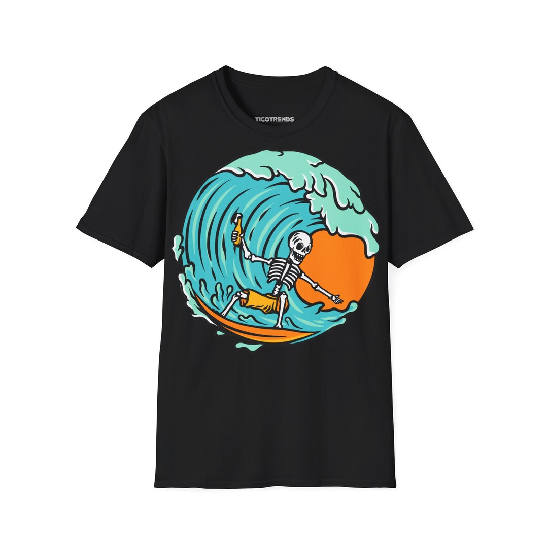 Surfing Skeleton Ocean Waves Beer Fun Summer Unisex Softstyle T-shirt ...