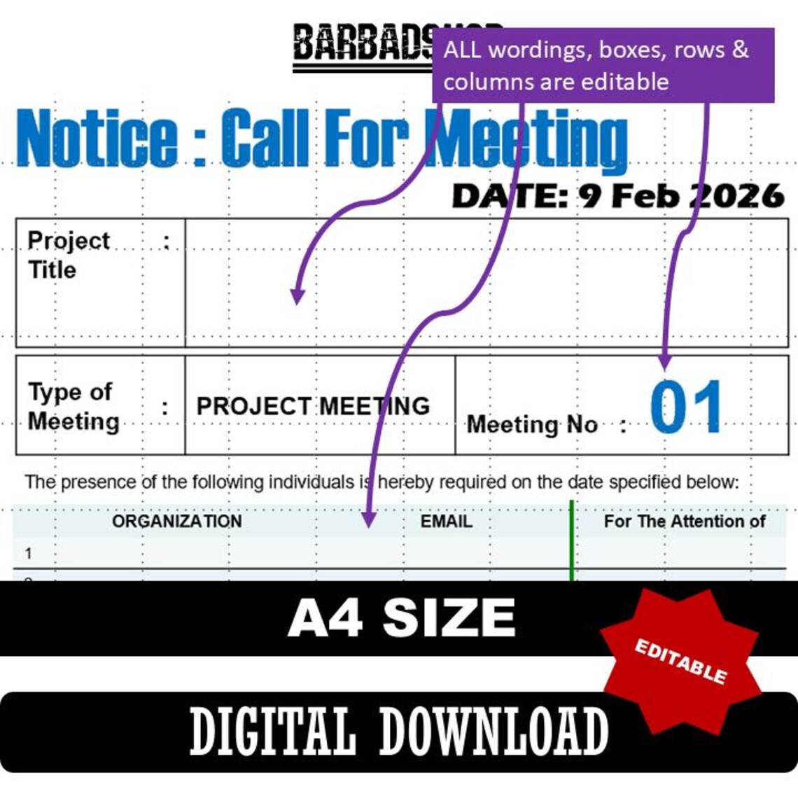 Editable Meeting Notice Template, Meeting Invitation A4 Printable ...