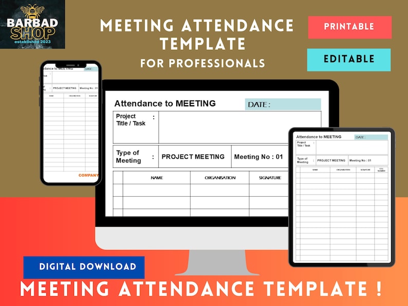 Editable Meeting Attendance Template, A4 Printable (powerpoint & PDF ...