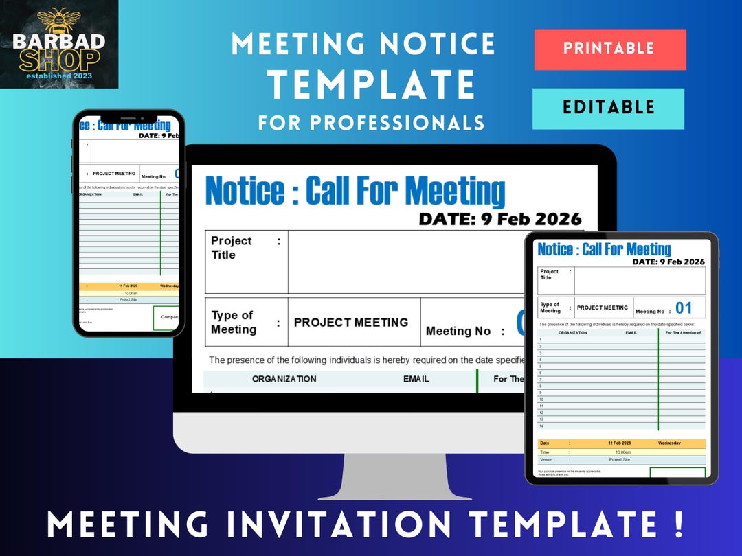 Editable Meeting Notice Template, Meeting Invitation A4 Printable ...