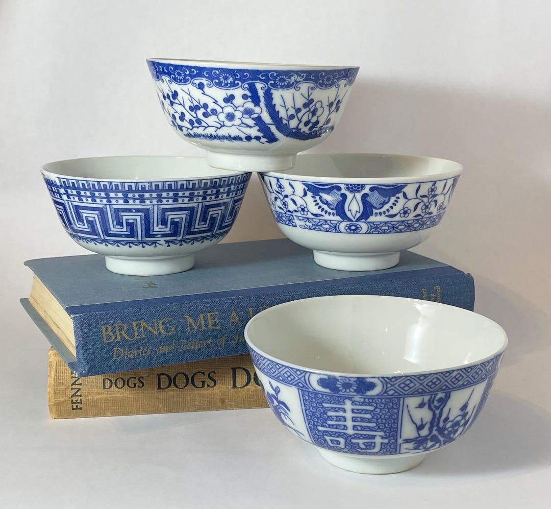 Set of 4 Vintage Blue and White Japanese Rice Bowls, Four Porcelain ...