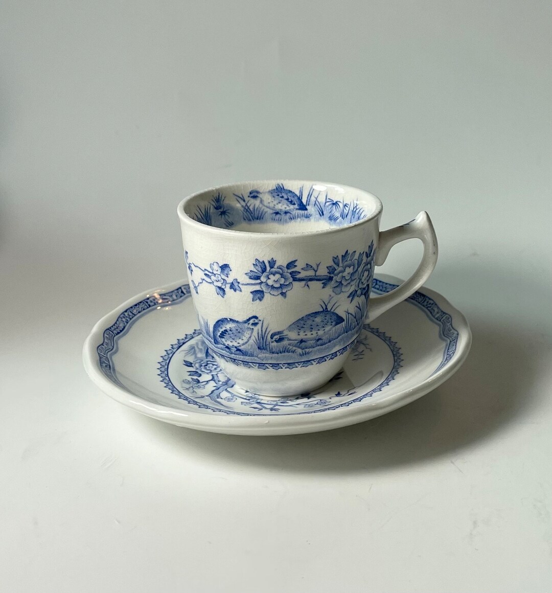 Vintage Quail Blue and White Porcelain Cup & Saucer Set, Teacup and ...