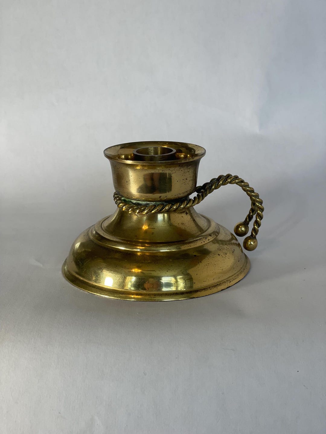 Vintage Solid Brass Chamberstick Candle Holder, Rope Handle Finger Loop ...