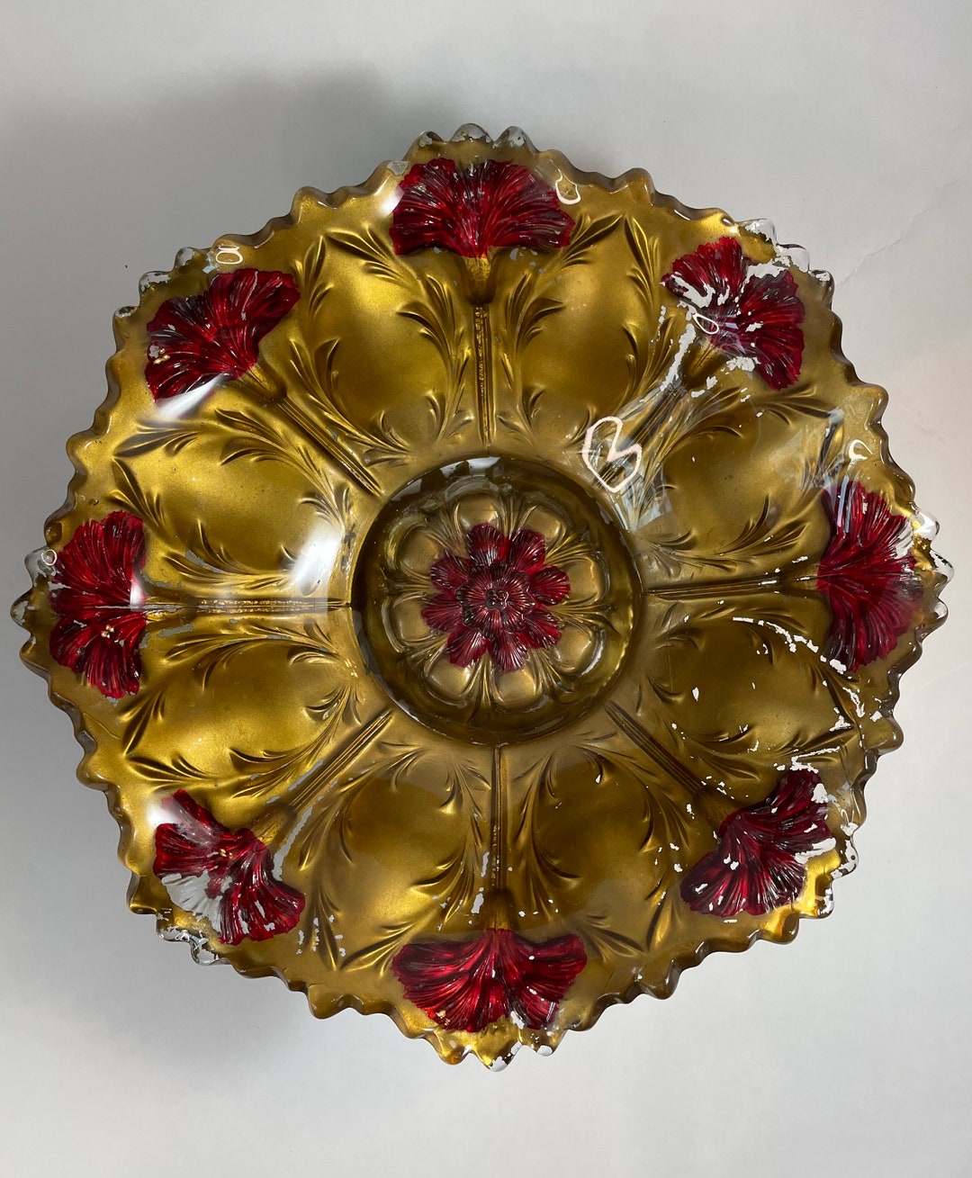 Vintage Goofus Glass Bowl, Red and Gold Floral Carnival Glass Ruffled ...