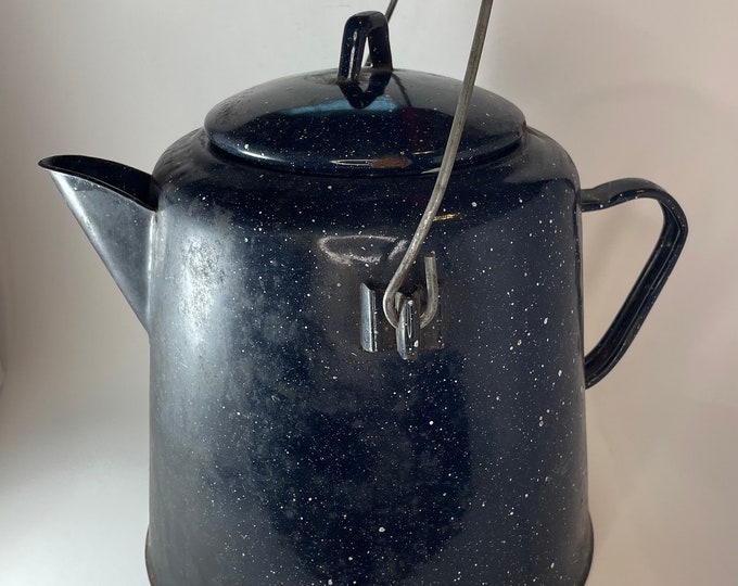 Vintage 1 Gallon Black Speckled Enamelware Cowboy Coffee Pot With Lid ...