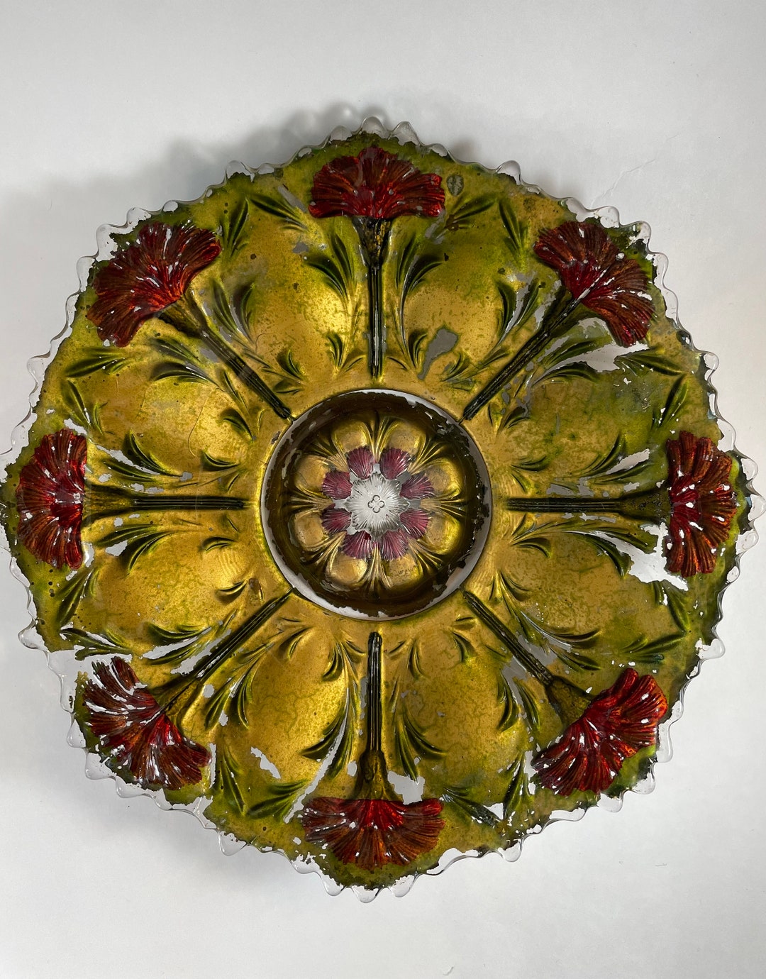 Vintage Goofus Glass Bowl, Red and Gold Floral Carnival Glass Dish ...