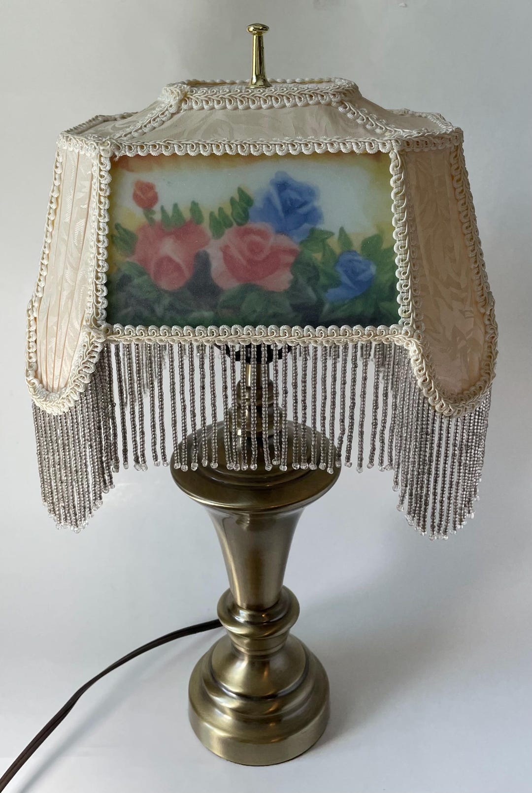Vintage Victorian Reverse Painted Roses Beaded Fringe Lamp Shade on ...