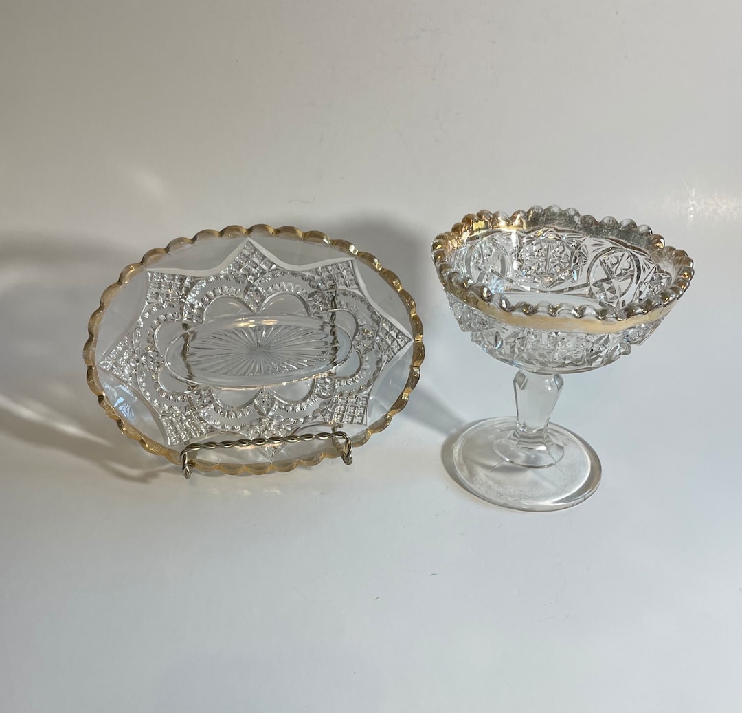 Vintage Clear Pressed Glass Compote and Dish Set With Gold Trim ...