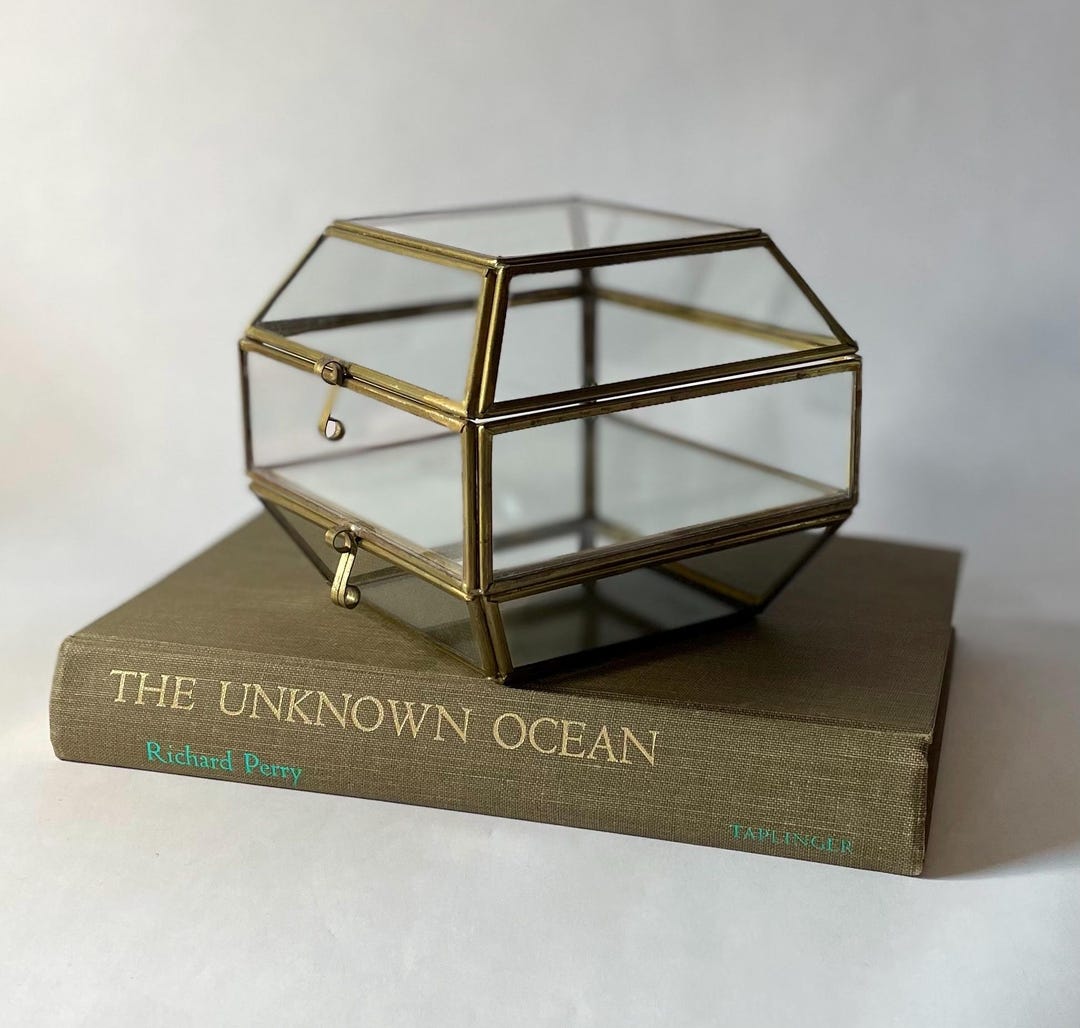 Brass and Glass Octagonal Hinged Two Part Trinket Box, Jewelry Curio ...