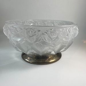 Vintage Large Frosted Glass Rose Bowl With Roses on Silver Plated ...