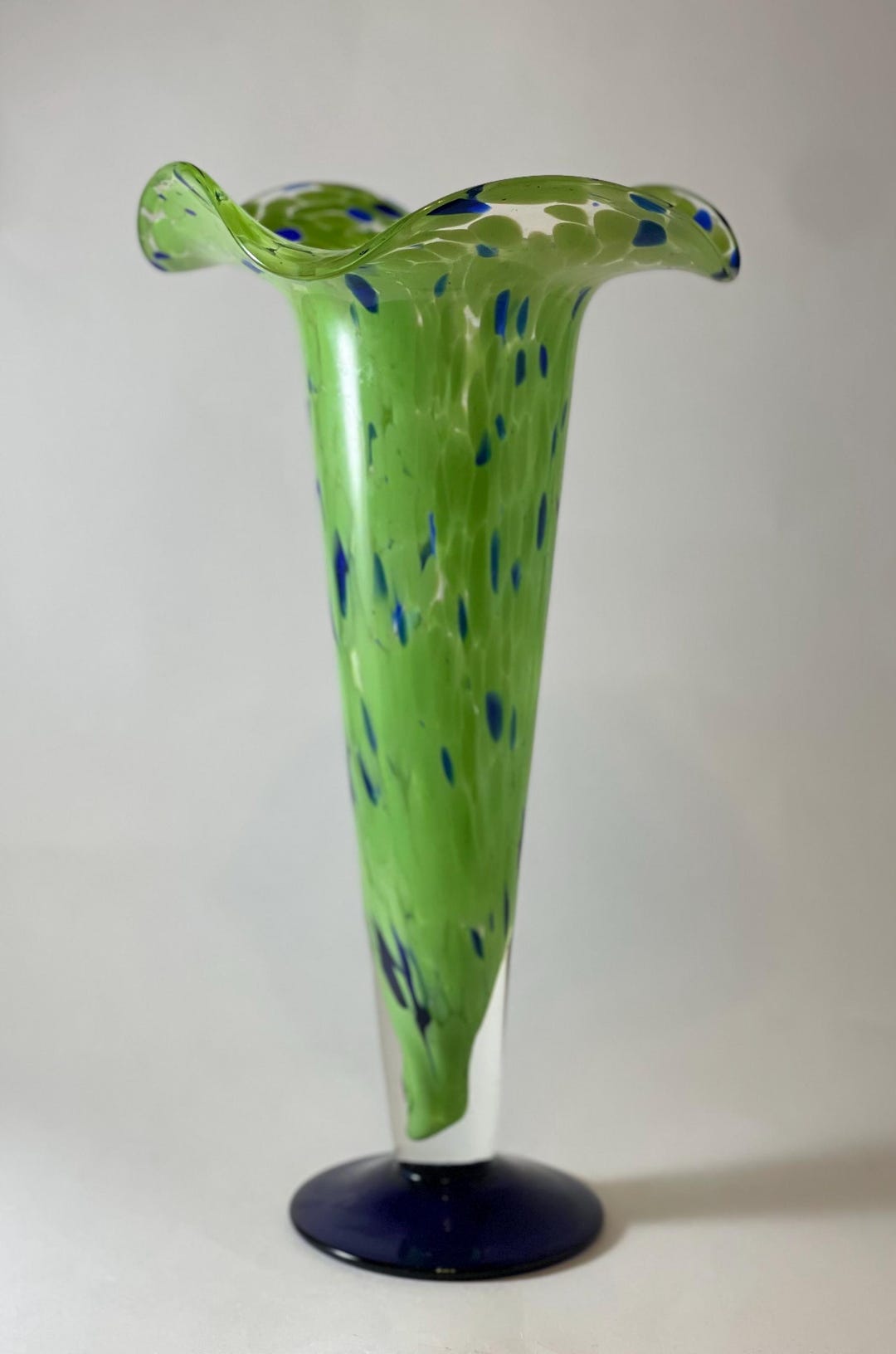 Tall Hand Blown Art Glass Fluted Bud Vase, Green and Blue Confetti ...