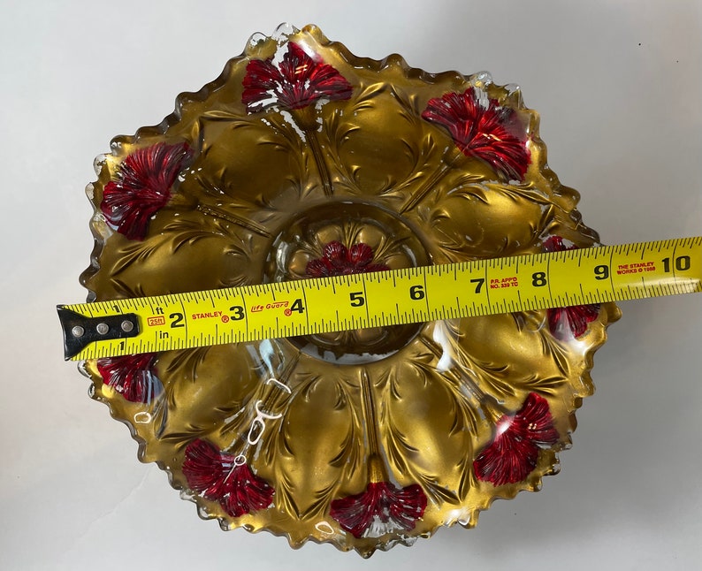 Vintage Goofus Glass Bowl, Red and Gold Floral Carnival Glass Ruffled ...