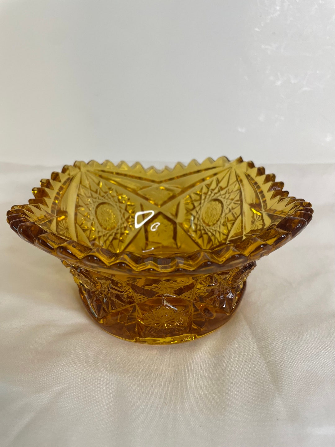 Vintage Amber Glass Starburst Bowl, Sawtooth Rimmed Edge Trinket Dish ...