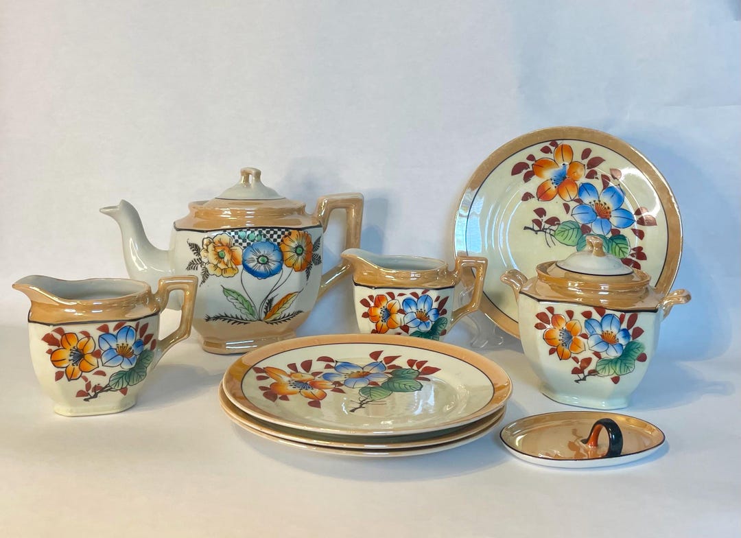 Vintage Japanese Lusterware Tea Set, Teapot, Floral Creamers, Sugar ...