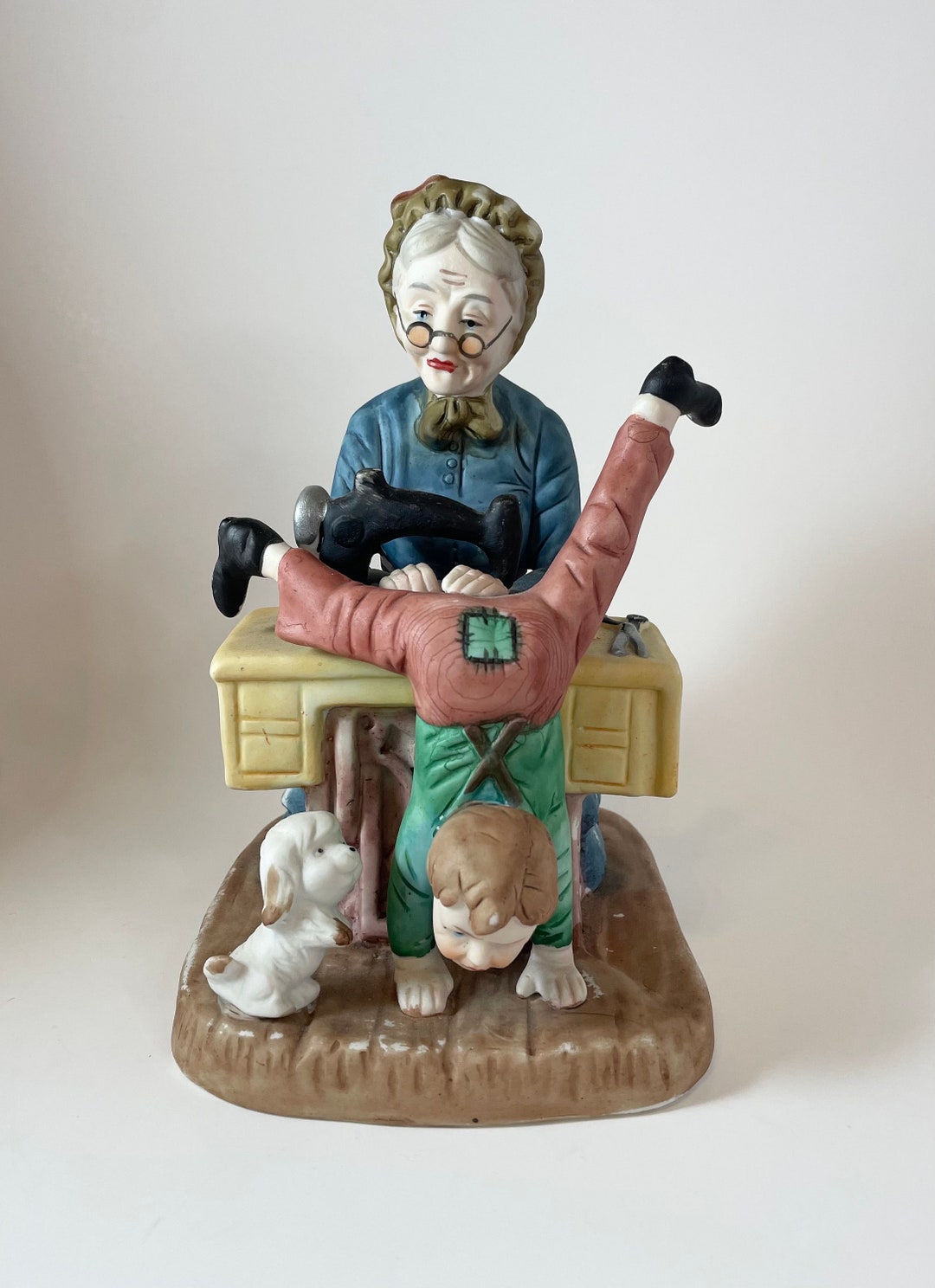 Vintage Old Lady Seamstress Sewing Boys Pants Figurine, Porcelain ...