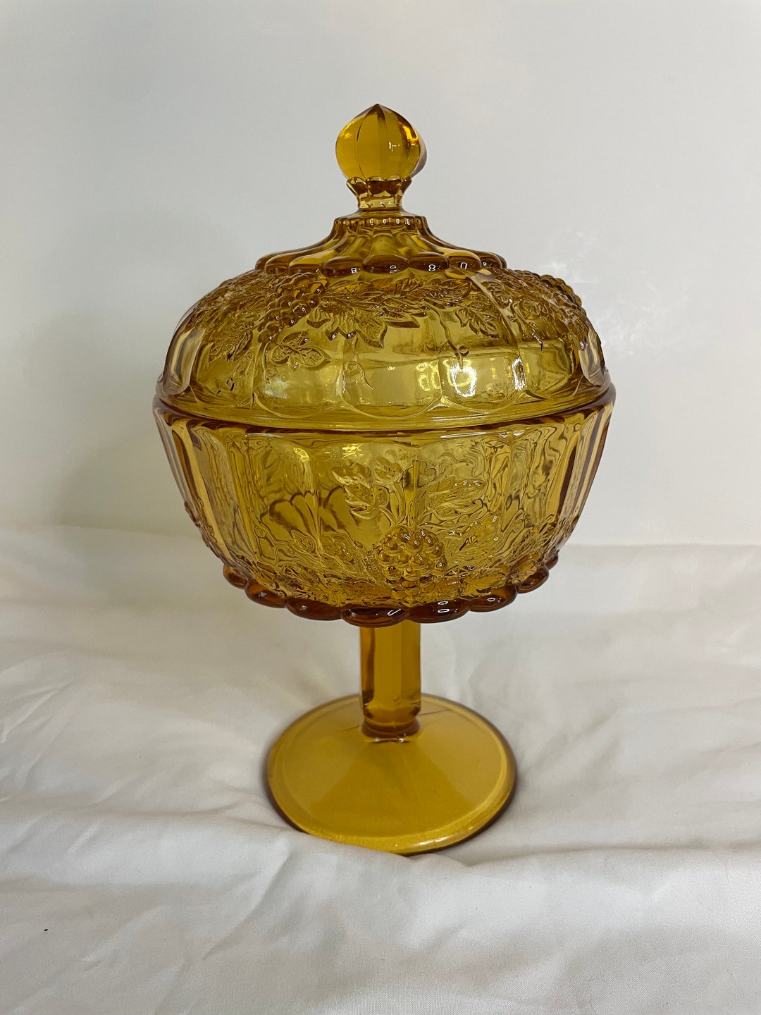 Vintage Amber Glass Candy Dish With Lid Large Lidded Compote Etsy