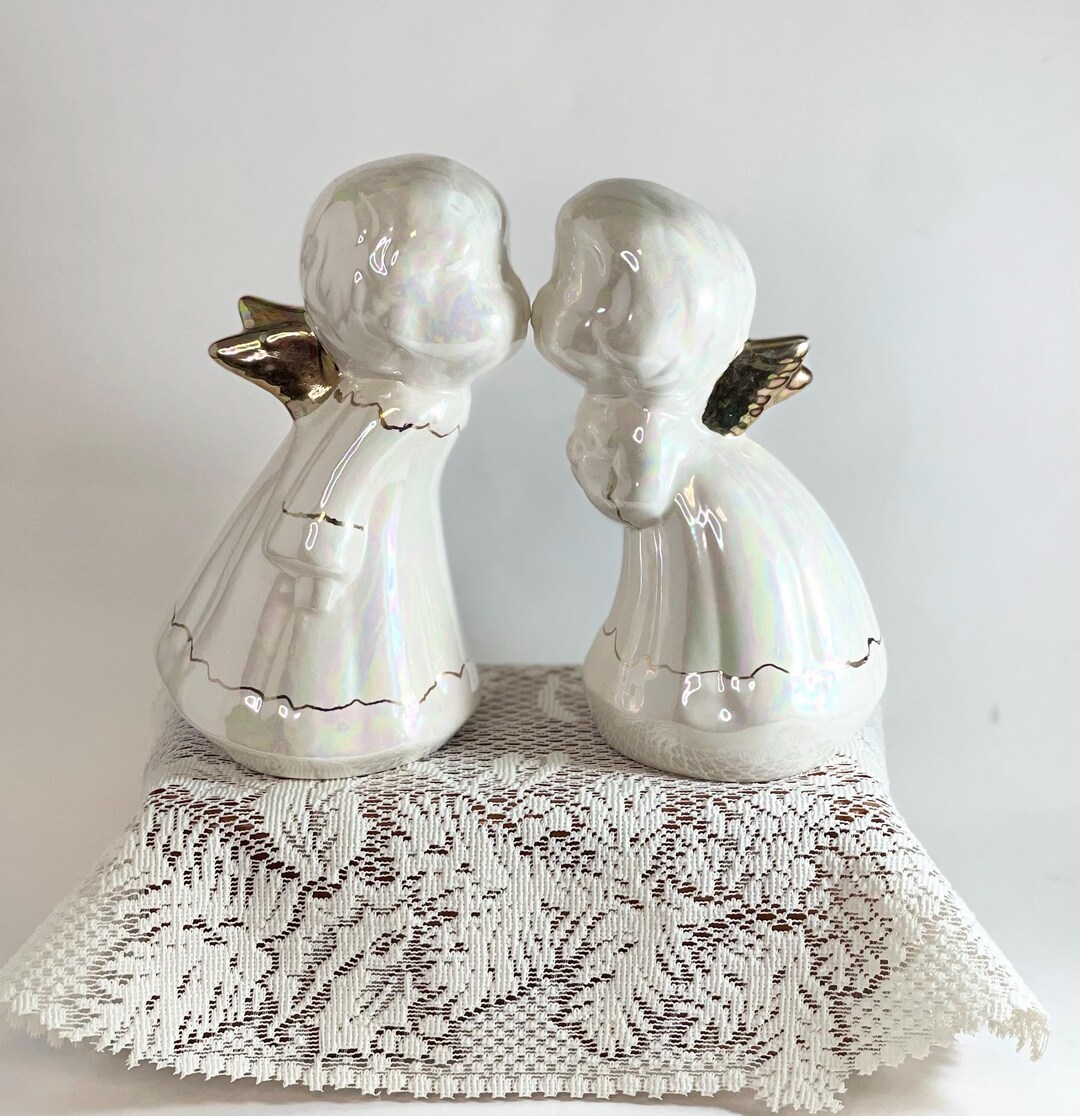 Vintage Porcelain Ceramic Kissing Angels Iridescent Cream White Ivory ...