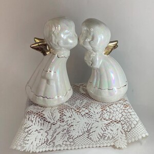 Vintage Porcelain Ceramic Kissing Angels Iridescent Cream White Ivory Gold Boy Girl Couple ...