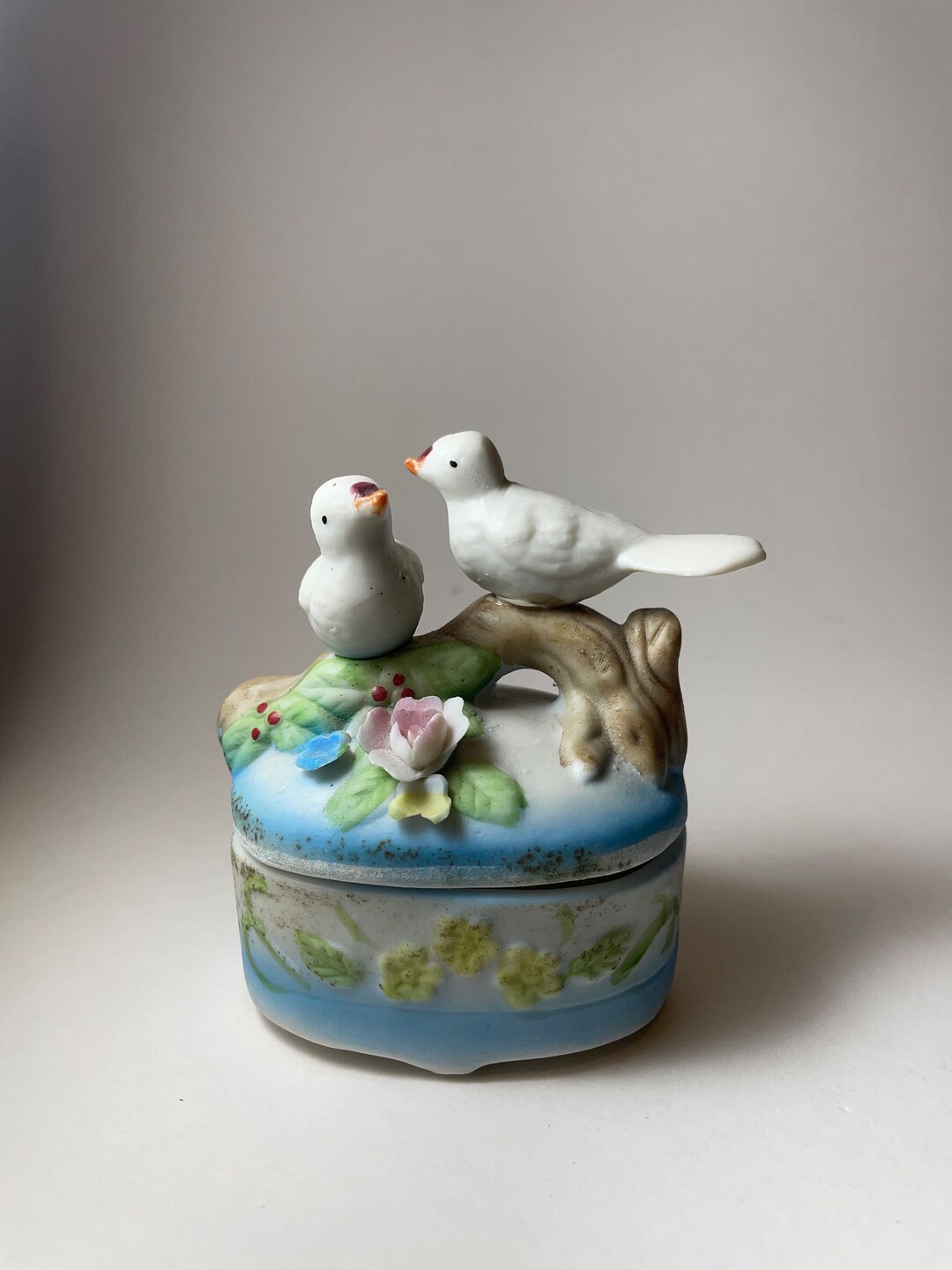 Vintage Porcelain Trinket Box With Pair of Birds on Branch, Floral Dish ...