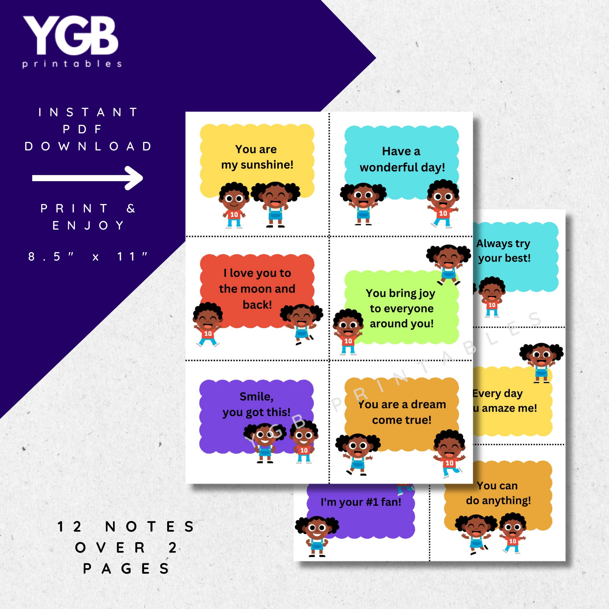 Lunchbox Notes for Kids | 12 Lunchbox Cards Printable W/ Black Kids ...