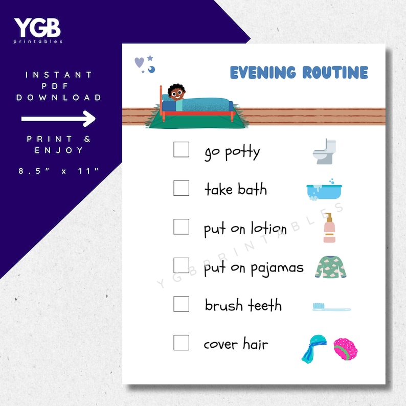 Printable Kids Evening Routine With Black Boy Character - Etsy