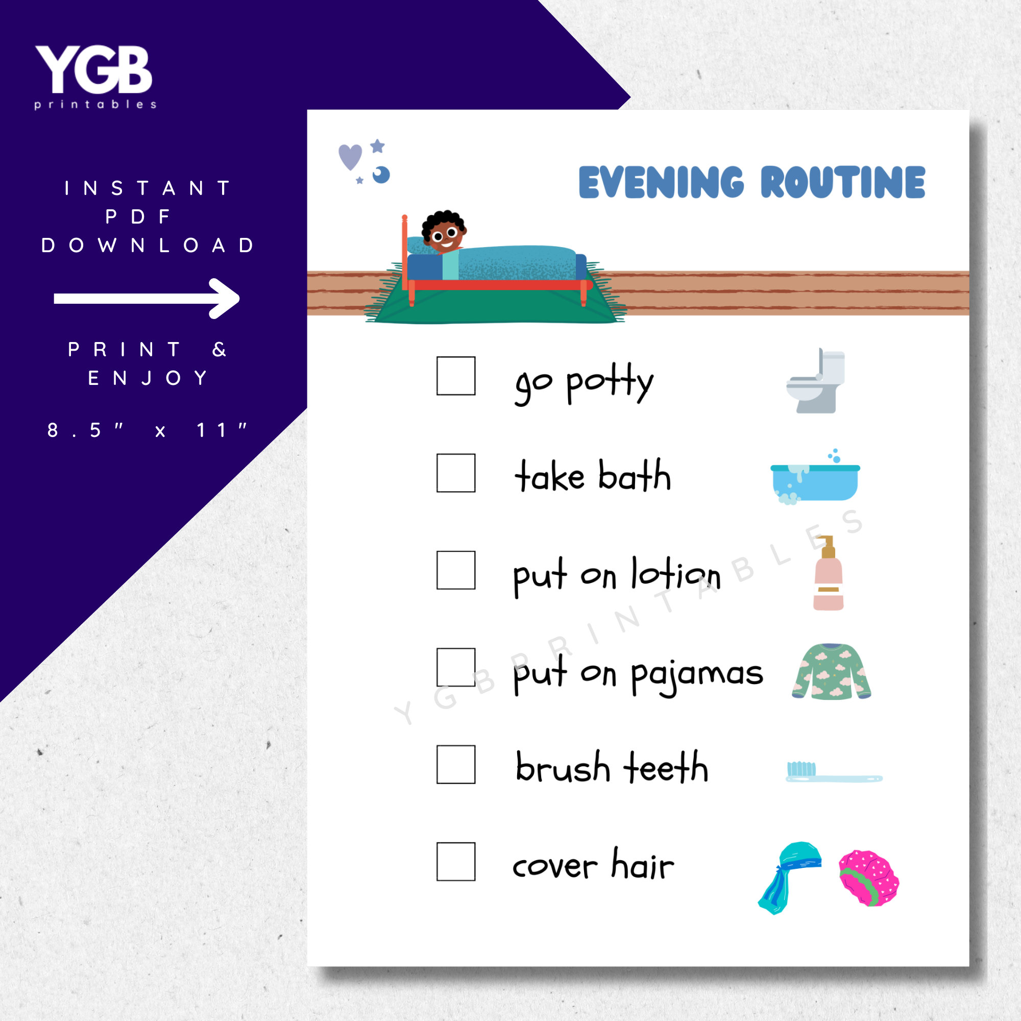 Printable Kids Evening Routine With Black Boy Character | Daily Schedule Digital PDF Download ...
