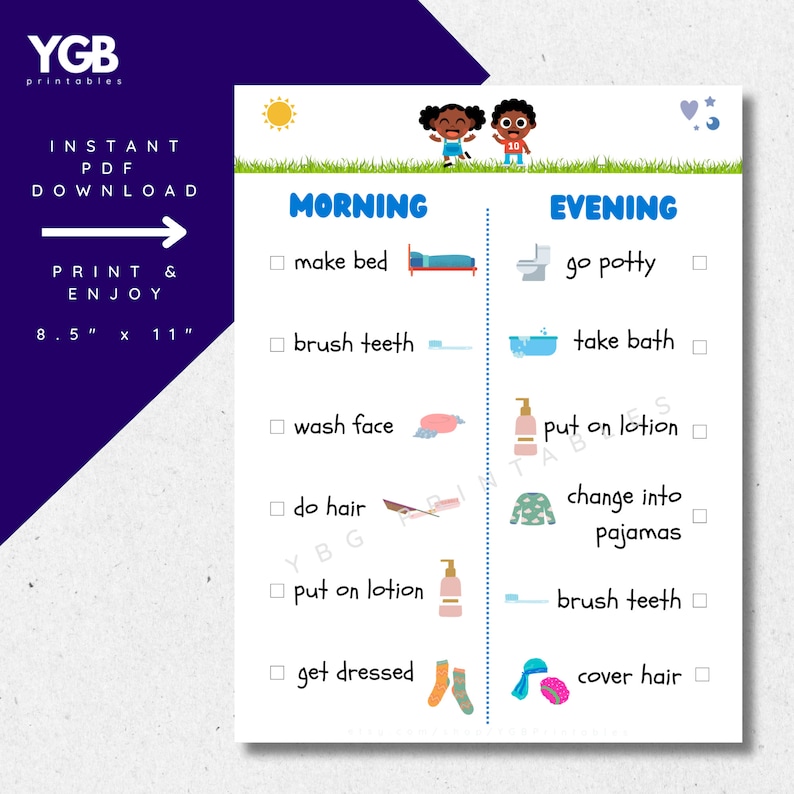 Kids Printable Morning and Bedtime Routine for Little Black Girls ...