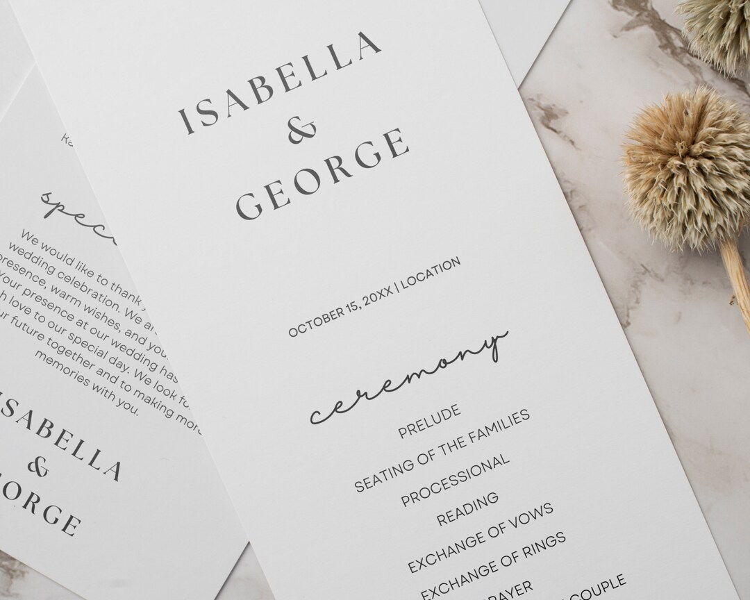 Wedding Program Card Template Printable Modern Ceremony Card - Etsy