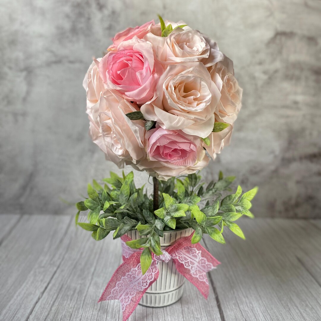 Rose Topiary Cottagecore Artificial Floral Decor in Distressed Tin Pot ...
