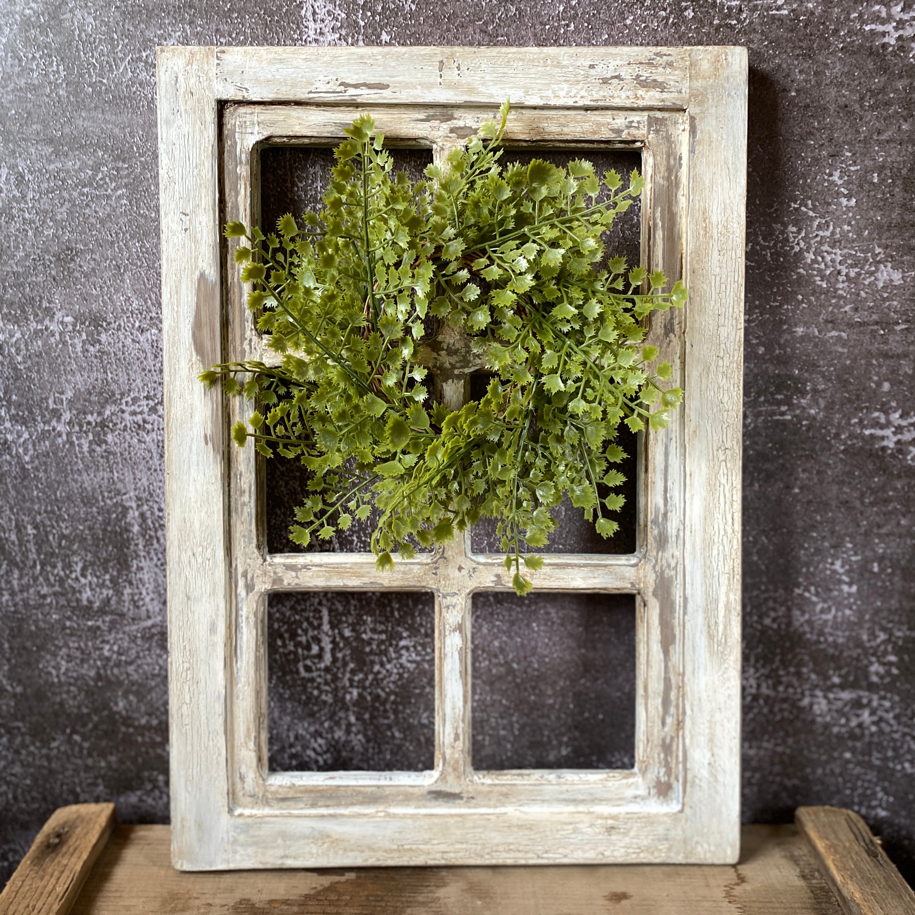 Rustic Farmhouse Distressed Small Wood Window Frame With Fern Wreath ...