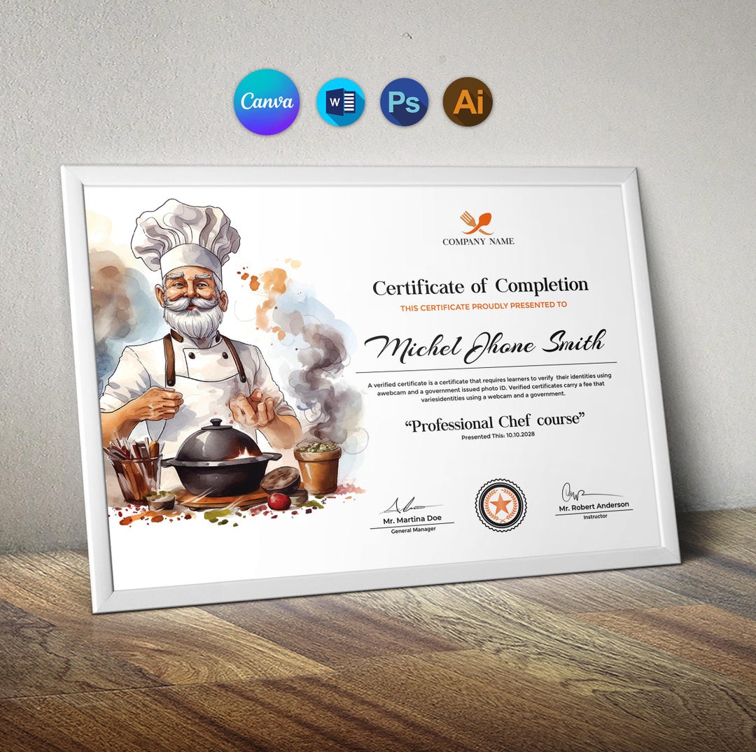 Certificate Template in Canva, Printable Chef Training Course ...