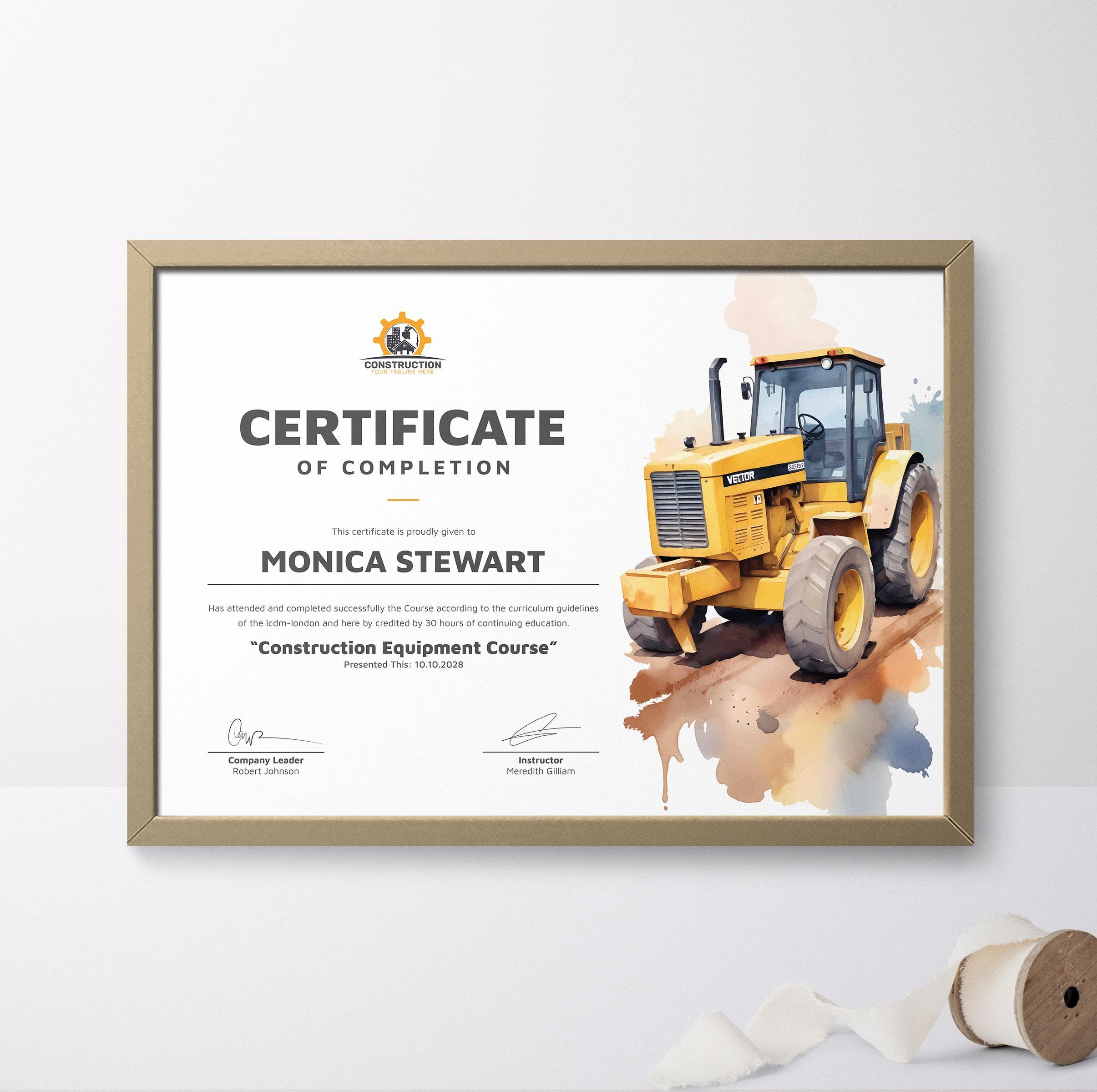 Certificate Template in Canva | Printable Construction Equipment ...