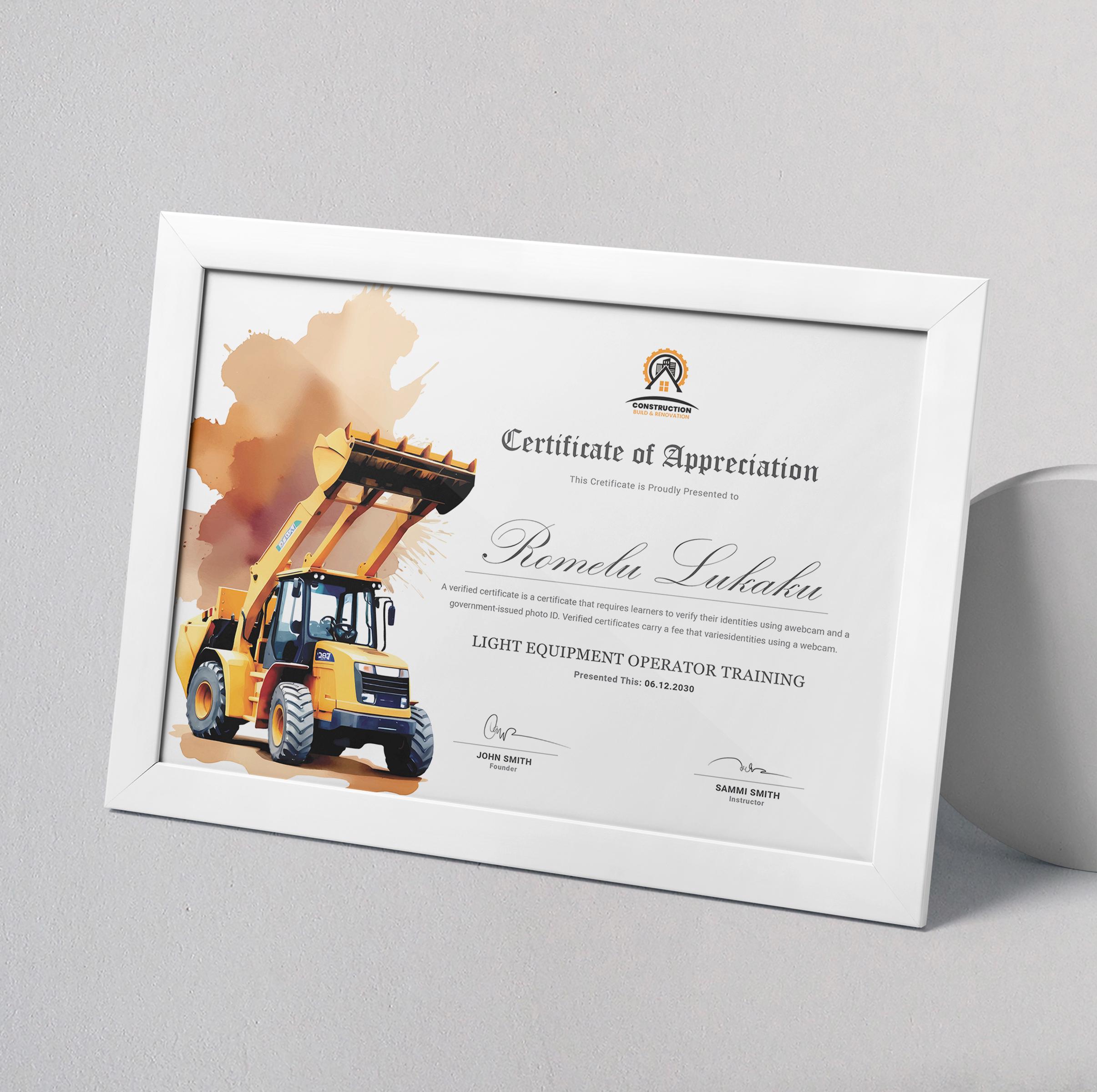 Certificate Template in Canva | Printable Construction Equipment ...