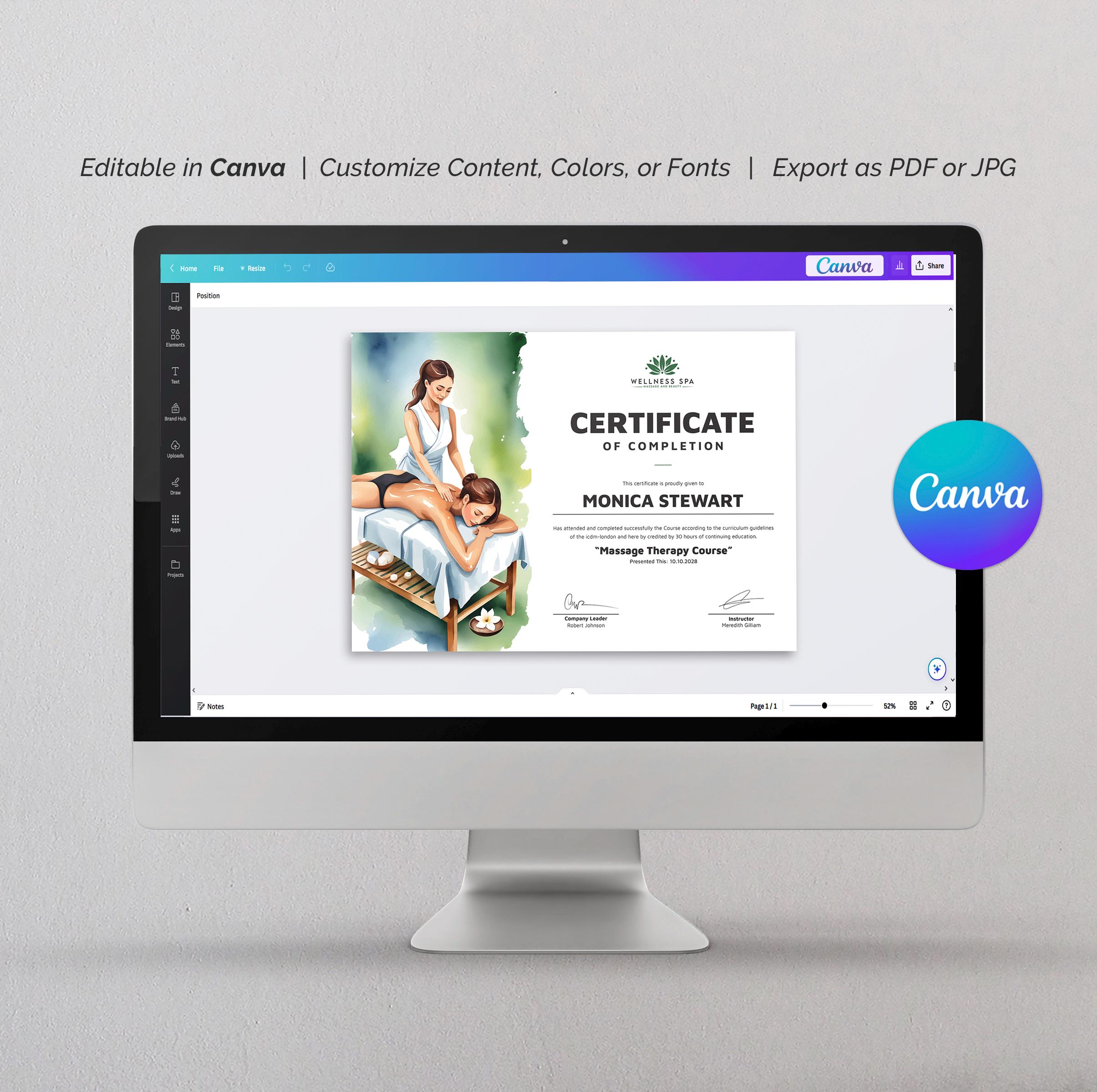 Massage Therapy Certificate Template in Canva | Certificate of ...