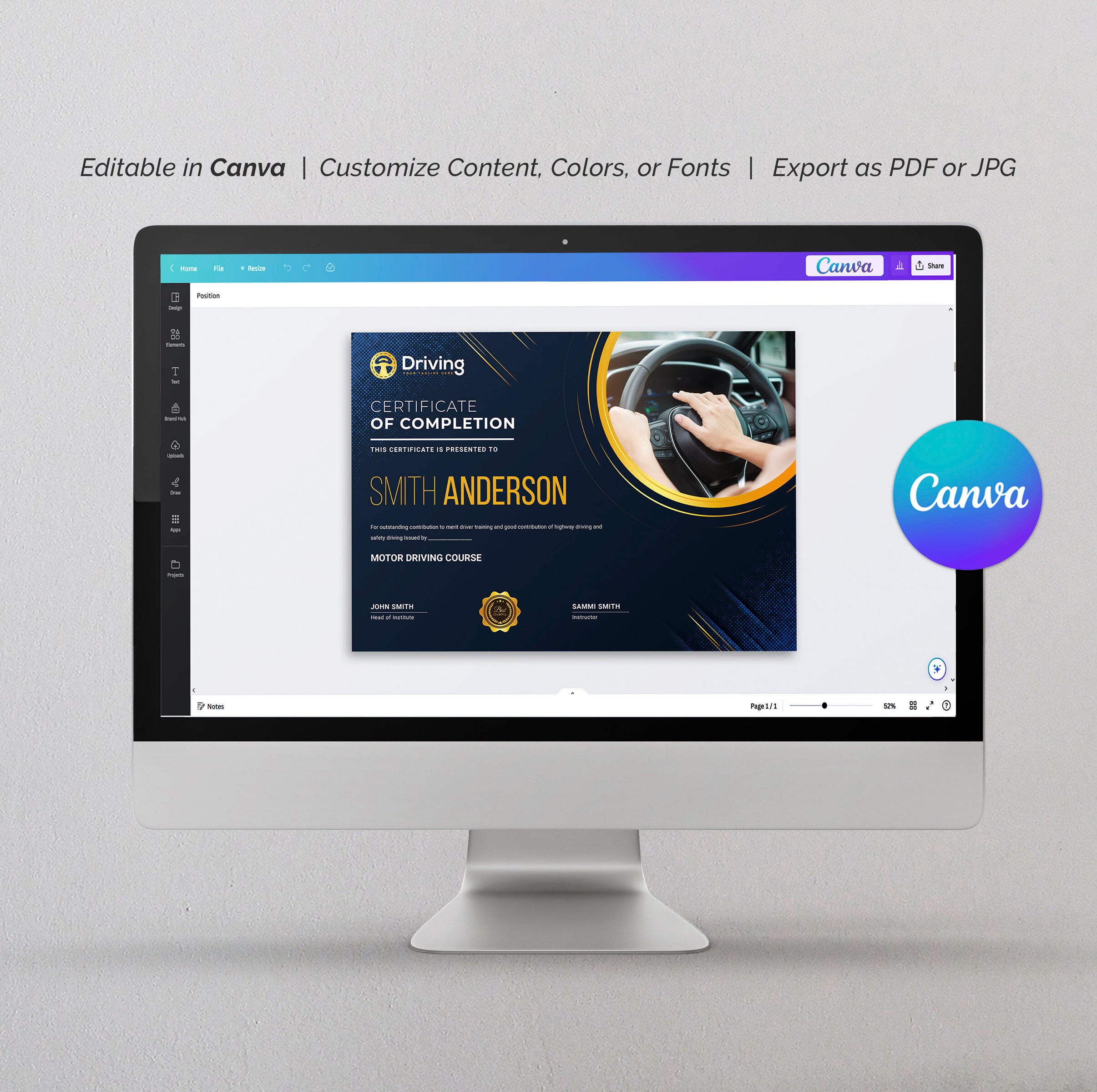 Certificate Template in Canva | Instant Download | Printable Driving ...