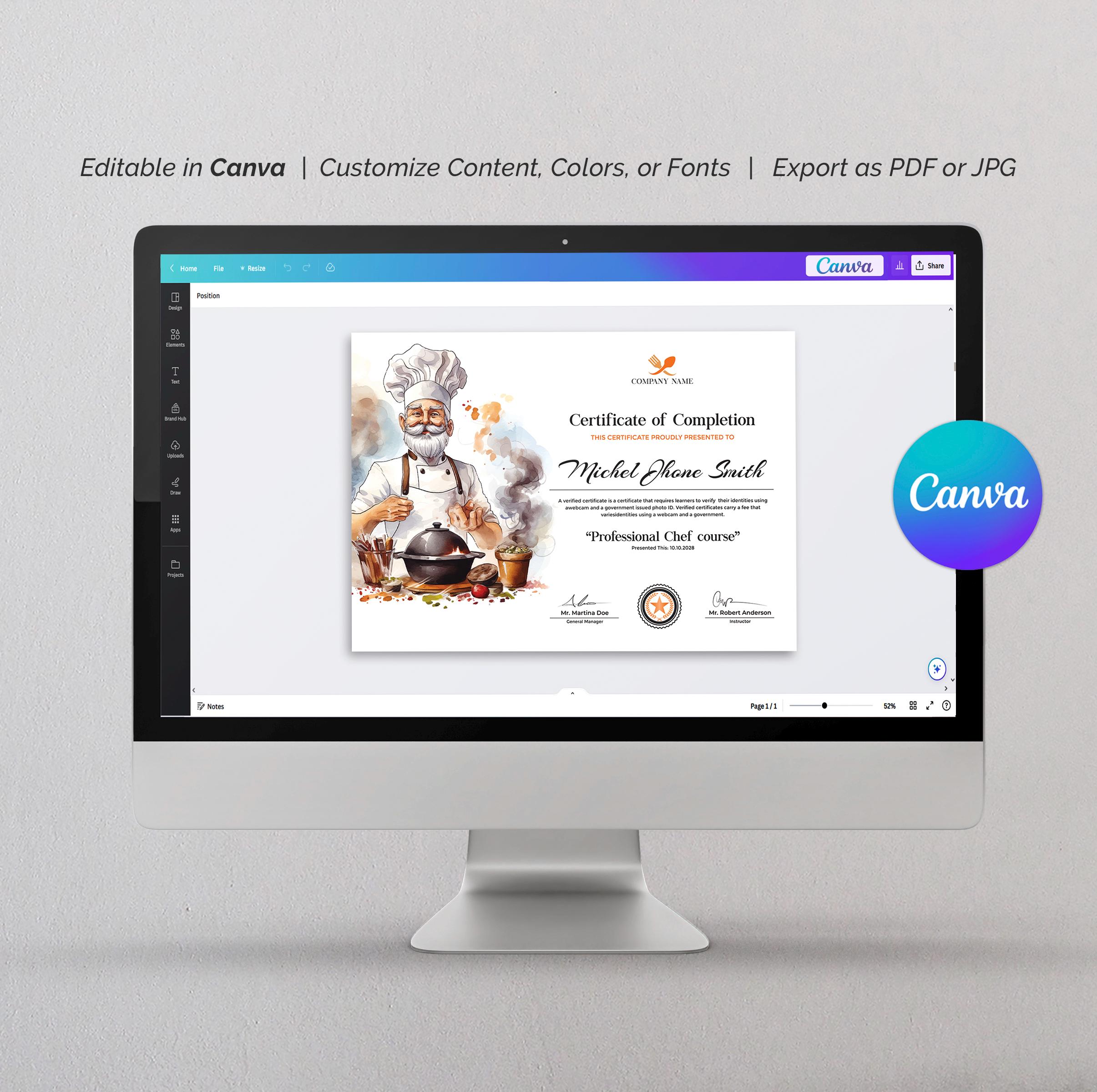 Certificate Template in Canva, Printable Chef Training Course ...