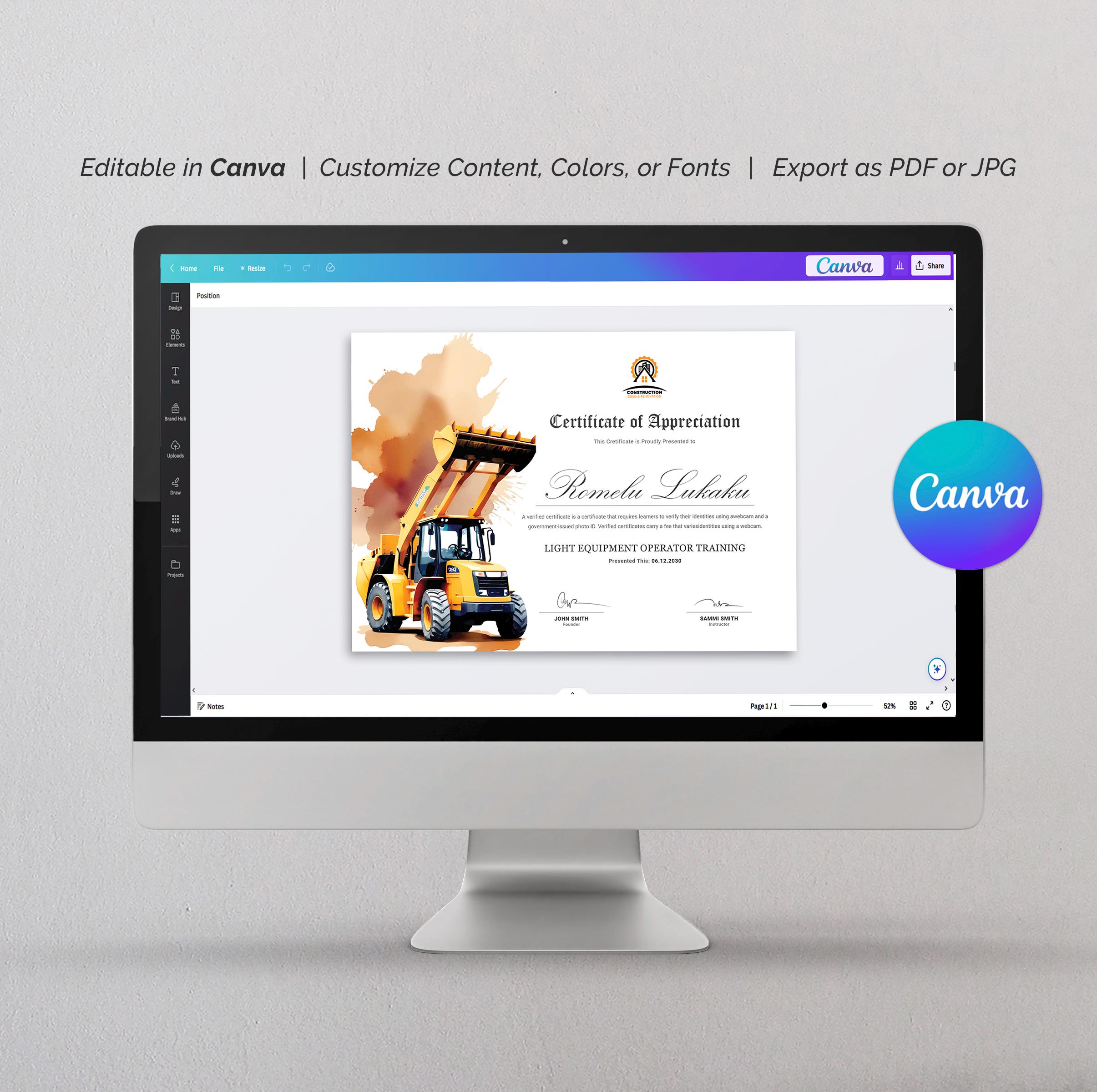 Certificate Template in Canva | Printable Construction Equipment ...