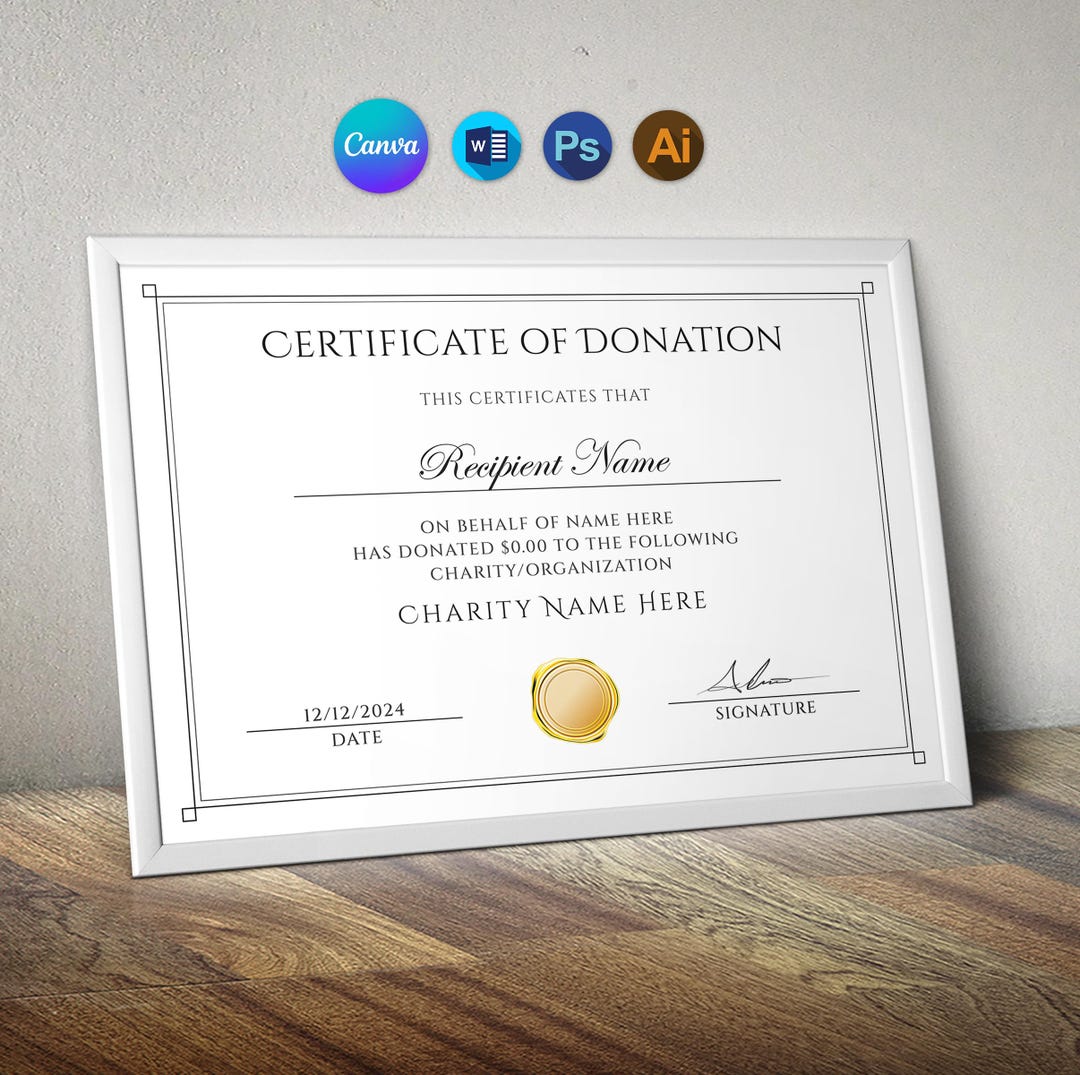 Canva Certificate of Donation Template, Printable Charity Donation ...